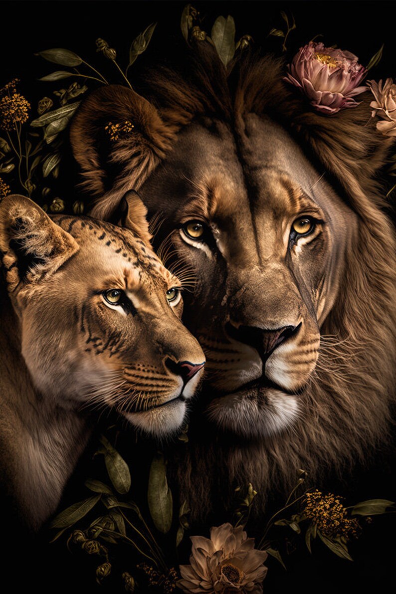 Lion and Lioness Couple - Design of a Lion and Lioness Surrounded by ...