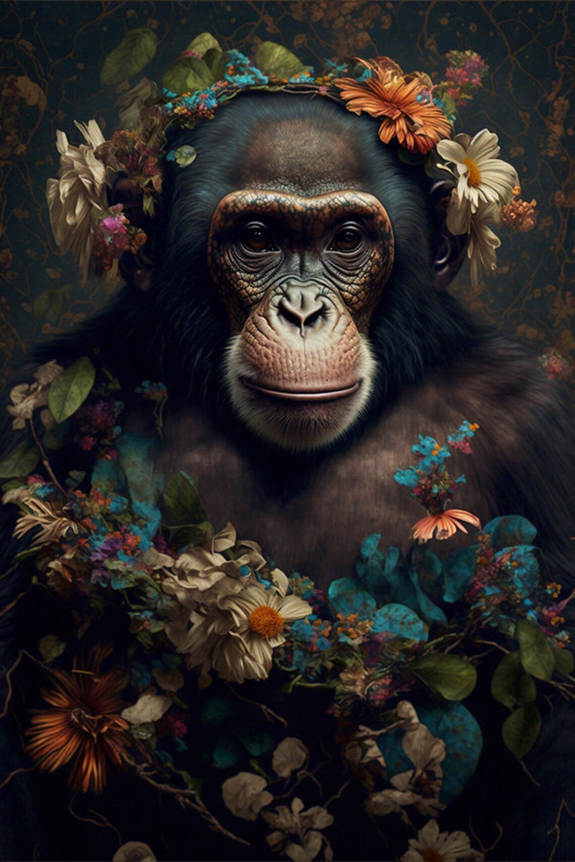 Chimpanzee Design of a Chimp Surrounded by Colorful Flowers in the ...