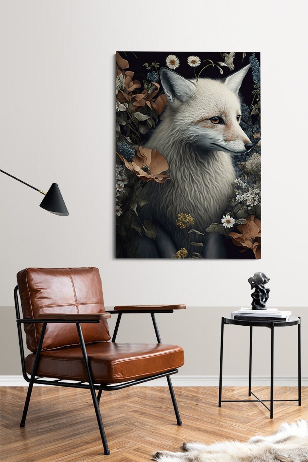 Snowy Fox - Design of a Snowy Fox Surrounded by Flowers and Leaves ...