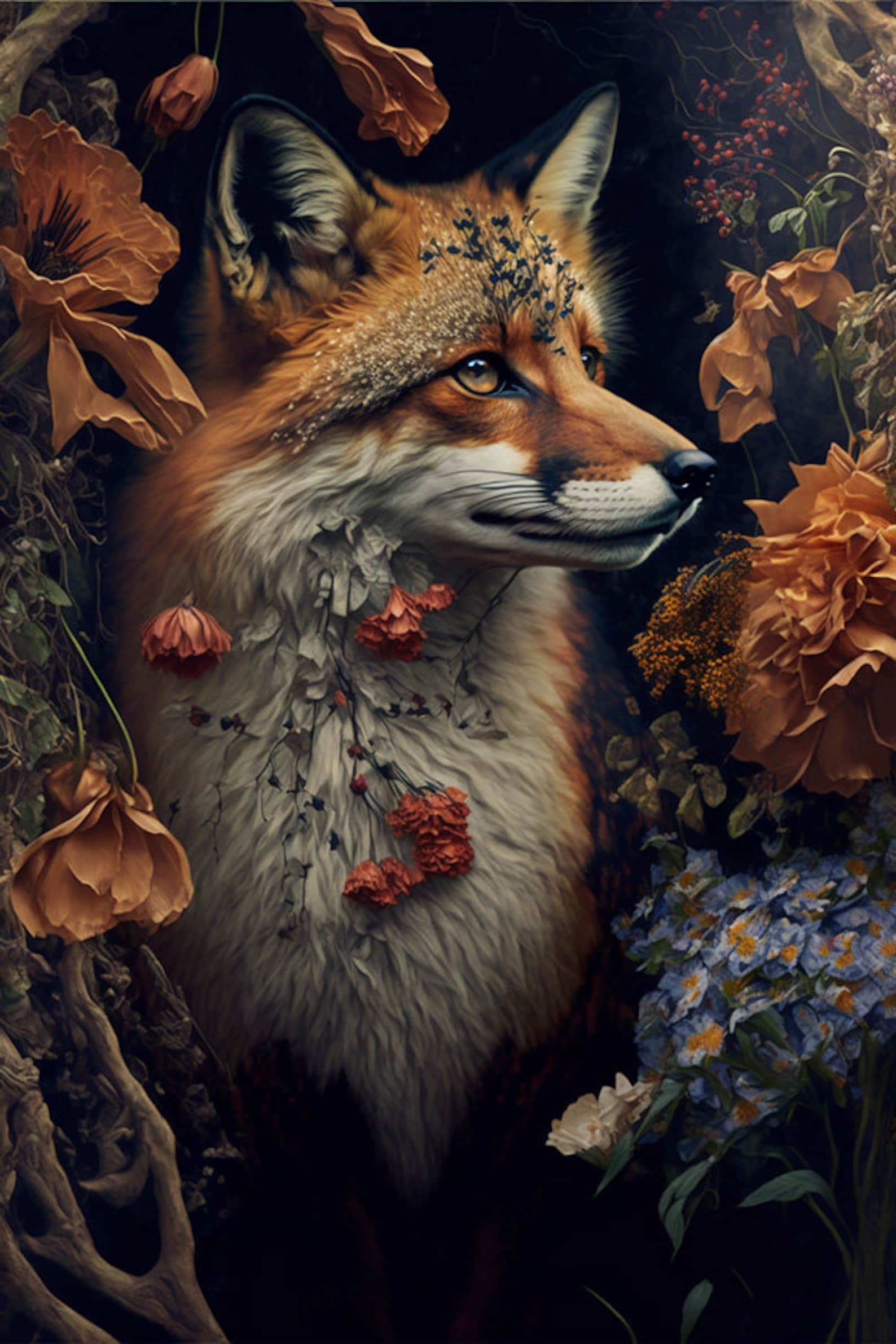 Fox - Design of a Fox in the Forest Surrounded by Flowers and Leaves ...