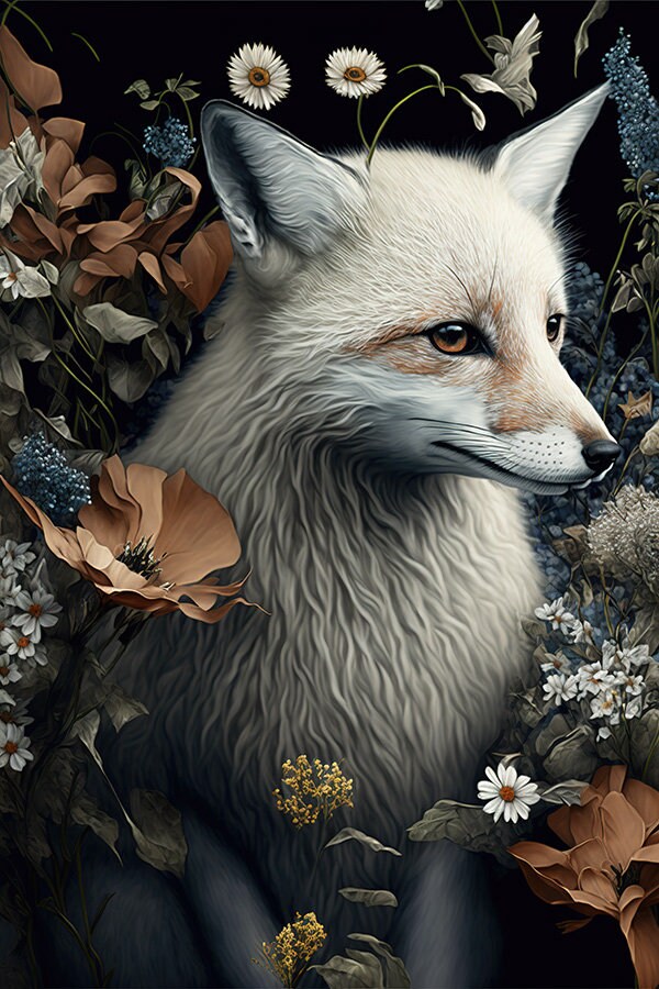 Snowy Fox Design of a Snowy Fox Surrounded by Flowers and Leaves Arctic ...