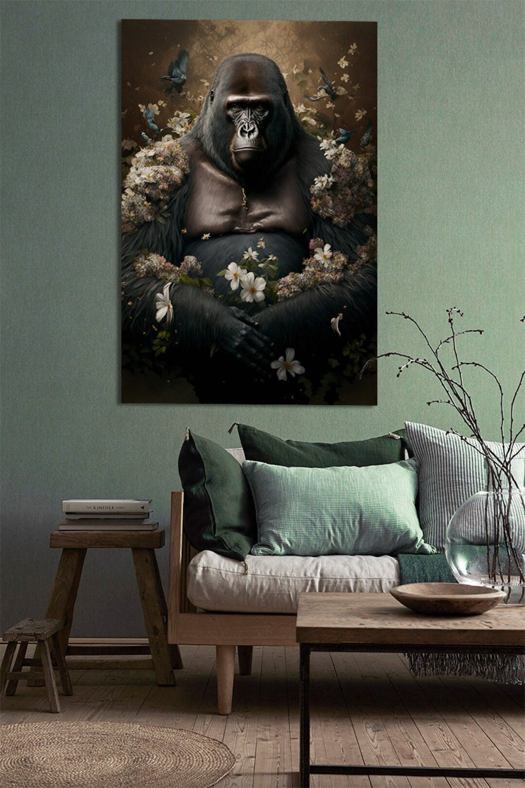 Gorilla - Design of a Gorilla Surrounded by Flowers and Leaves - Canvas ...
