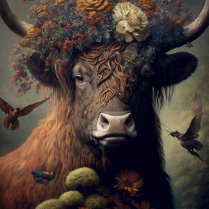 Bull- Design of a Bull Surrounded by Flowers and Leaves - Canvas Print ...