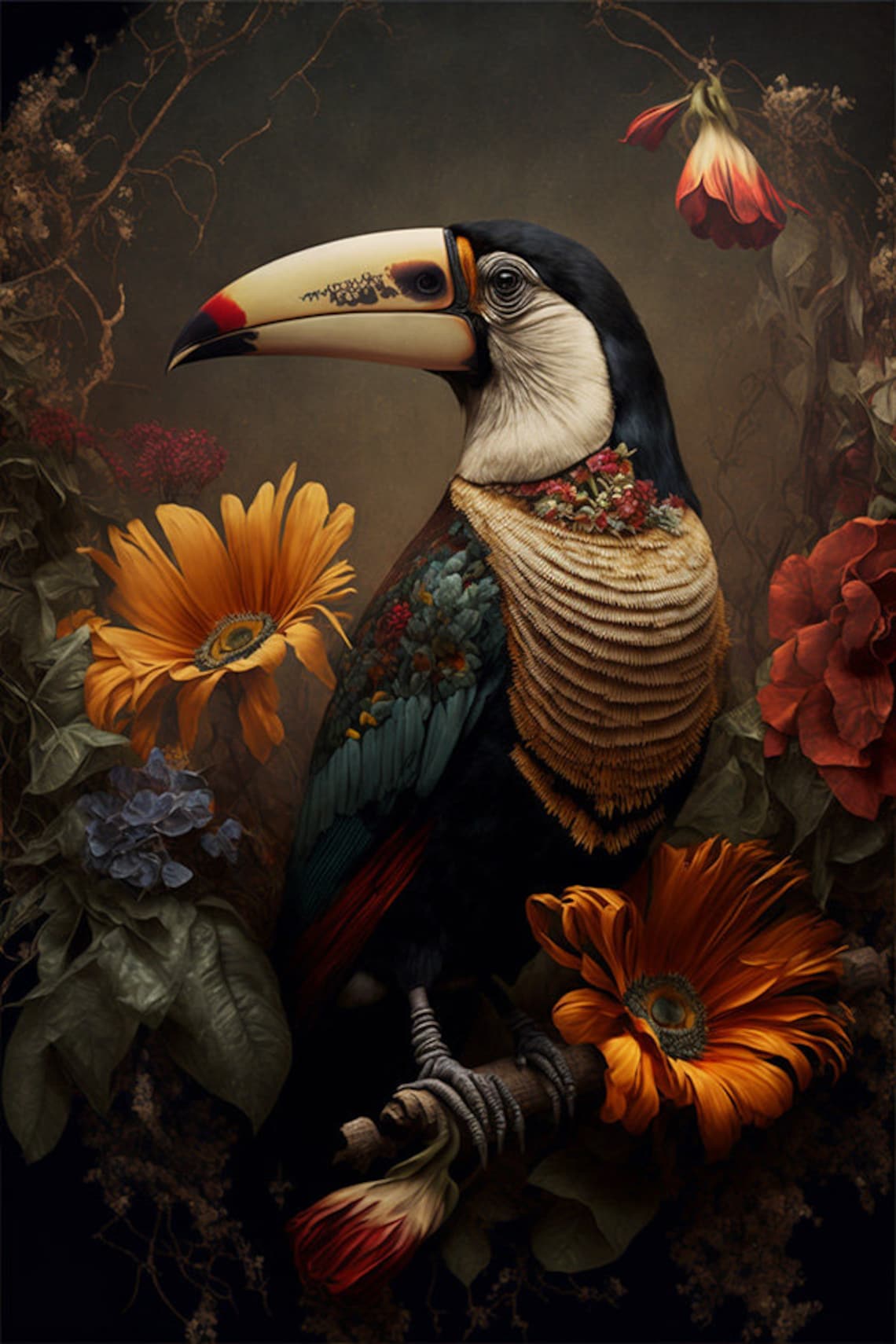 Toucan Design of a Toucan Surrounded by Flowers and Leaves Leopard ...