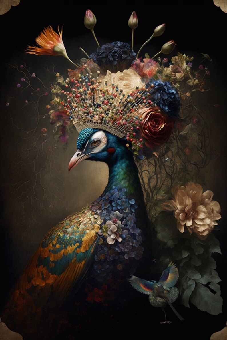 Peacock Design of a Peacock Surrounded by Flowers and Leaves - Etsy