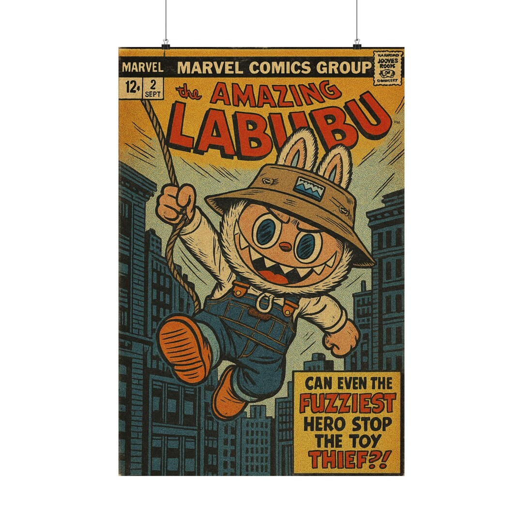 Comic Book Labubu Poster Print, Matte Vertical Wall Art, Vintage Heroic ...
