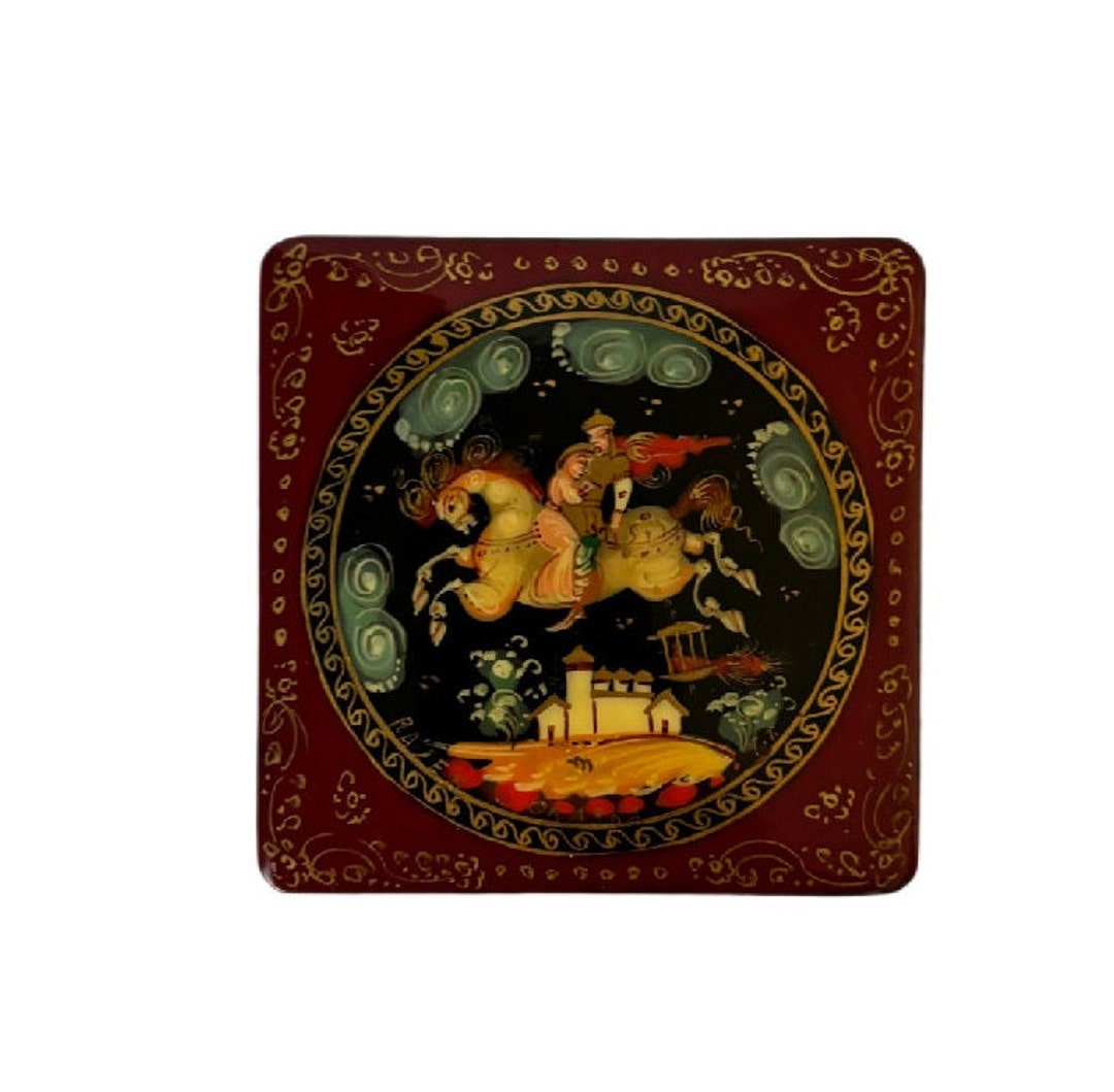 Vintage Small Square Russian Palekh Box, Hand Painted Fairytale Scene ...