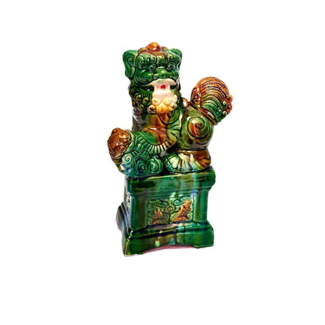 Vintage Mid-century Majolica Fu Dog Statue: Vivid Green Chinese Art ...