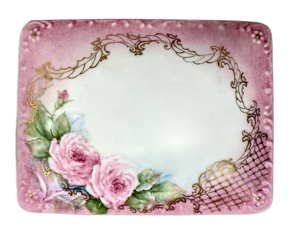 Vintage Hand Painted Pink Roses Porcelain Jewelry, Tr… - Gem