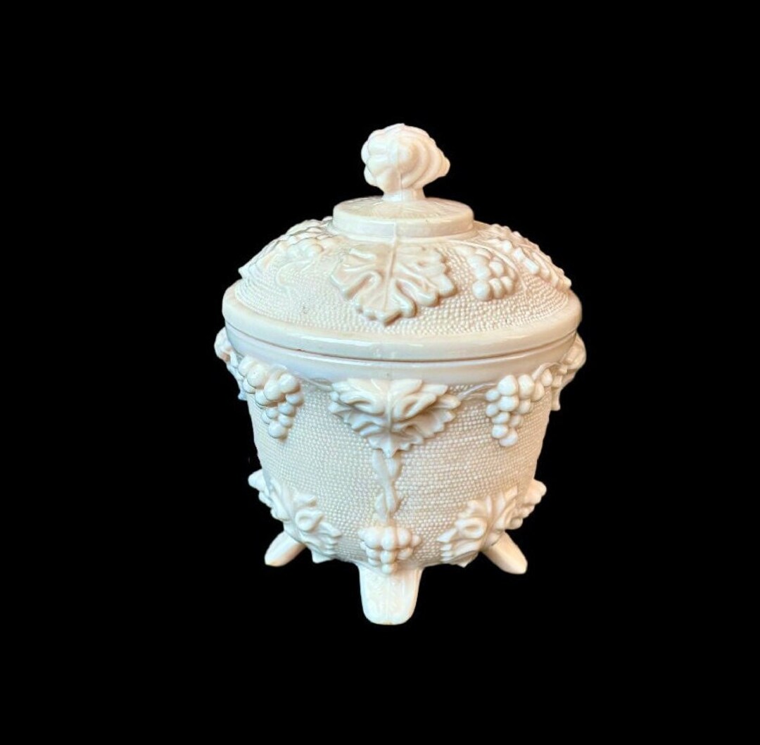 Vintage 1950's Jeanette Shell Pink Milk Glass Grape & Leaf, Footed ...