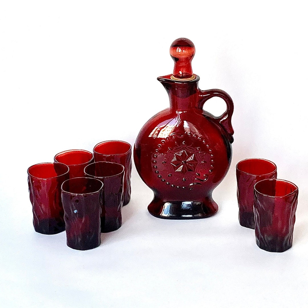 Vintage Ruby Red Wheaton Decanter With 7 Wheaton Glasses, Circa 1970s ...