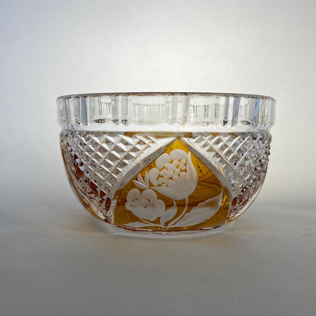 Vintage Bohemian Czech Crystal Bowl With Cut to Clear Amber Roses - Etsy