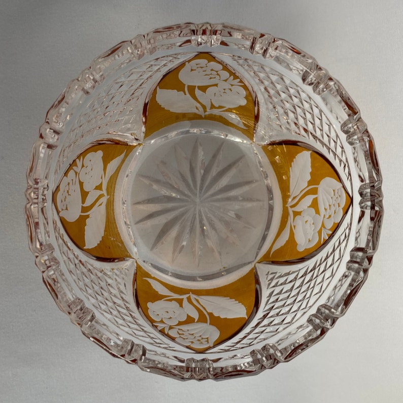 Vintage Bohemian Czech Crystal Bowl With Cut to Clear Amber Roses - Etsy