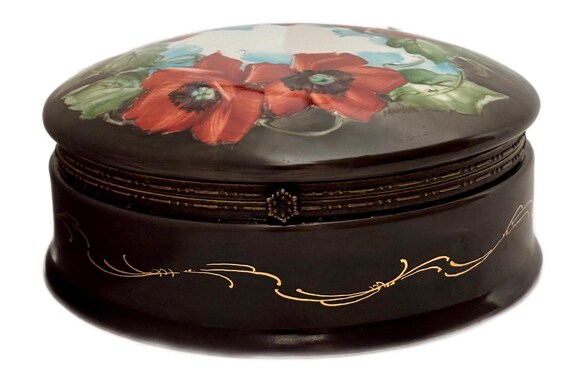 Vintage Red Poppies Porcelain Dresser Box Jewelry Cas… - Gem
