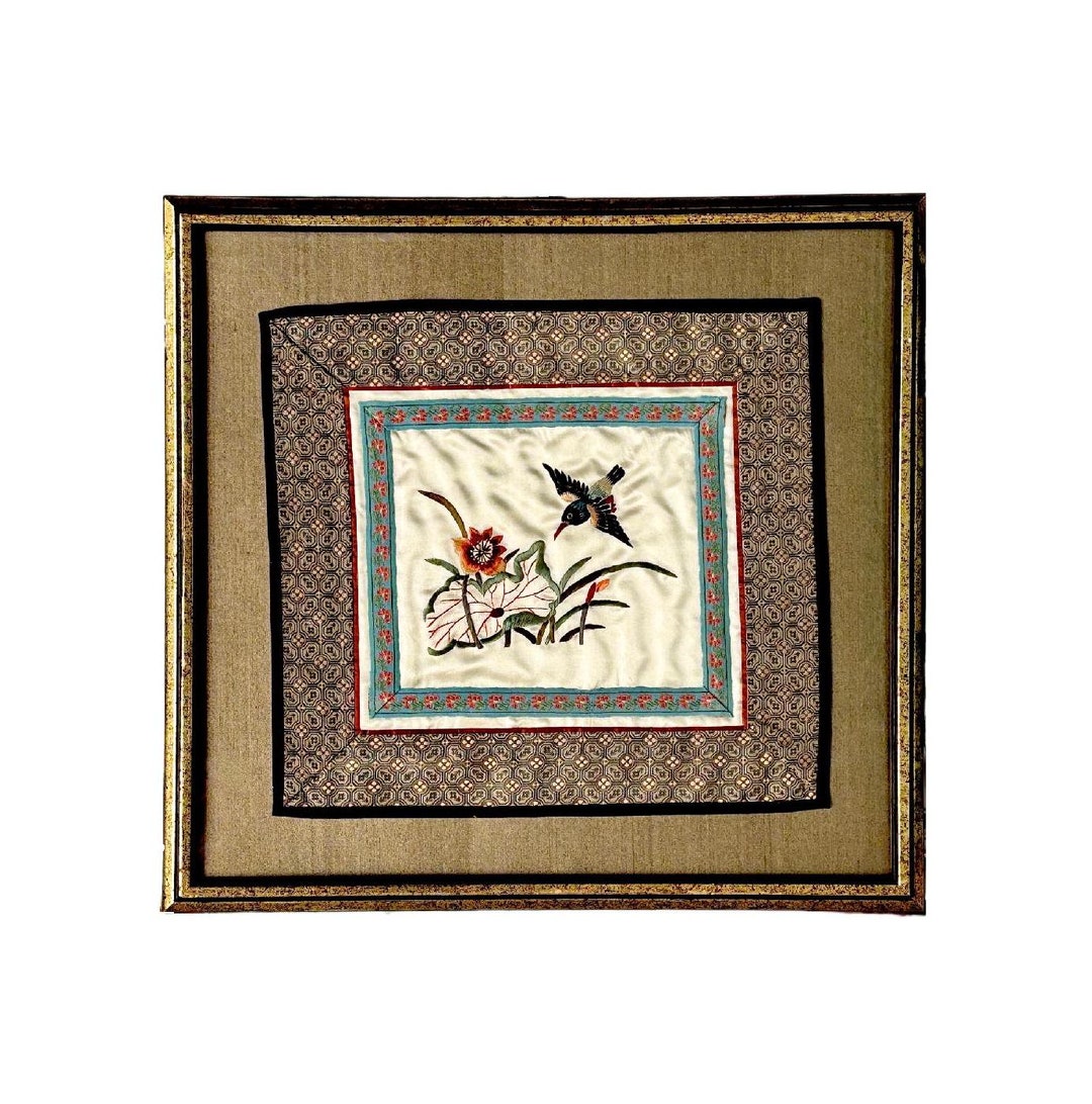 Vintage Framed Asian Silk Embroidered Panel W/ Hummingbird Sunbird ...
