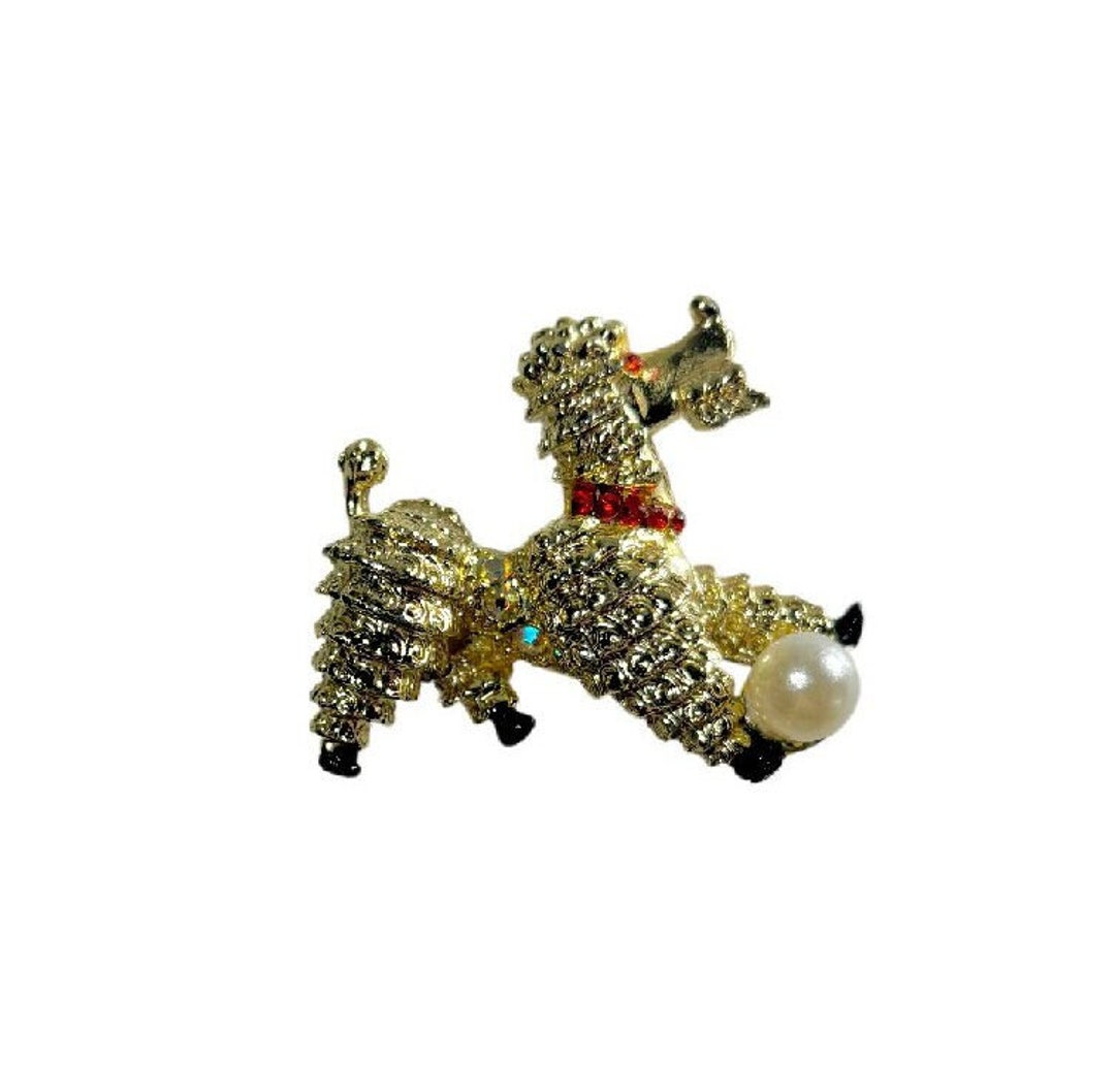 Vintage Kitschy 1950's Rhinestone Poodle Brooch Pin Playing W/ a Ball ...