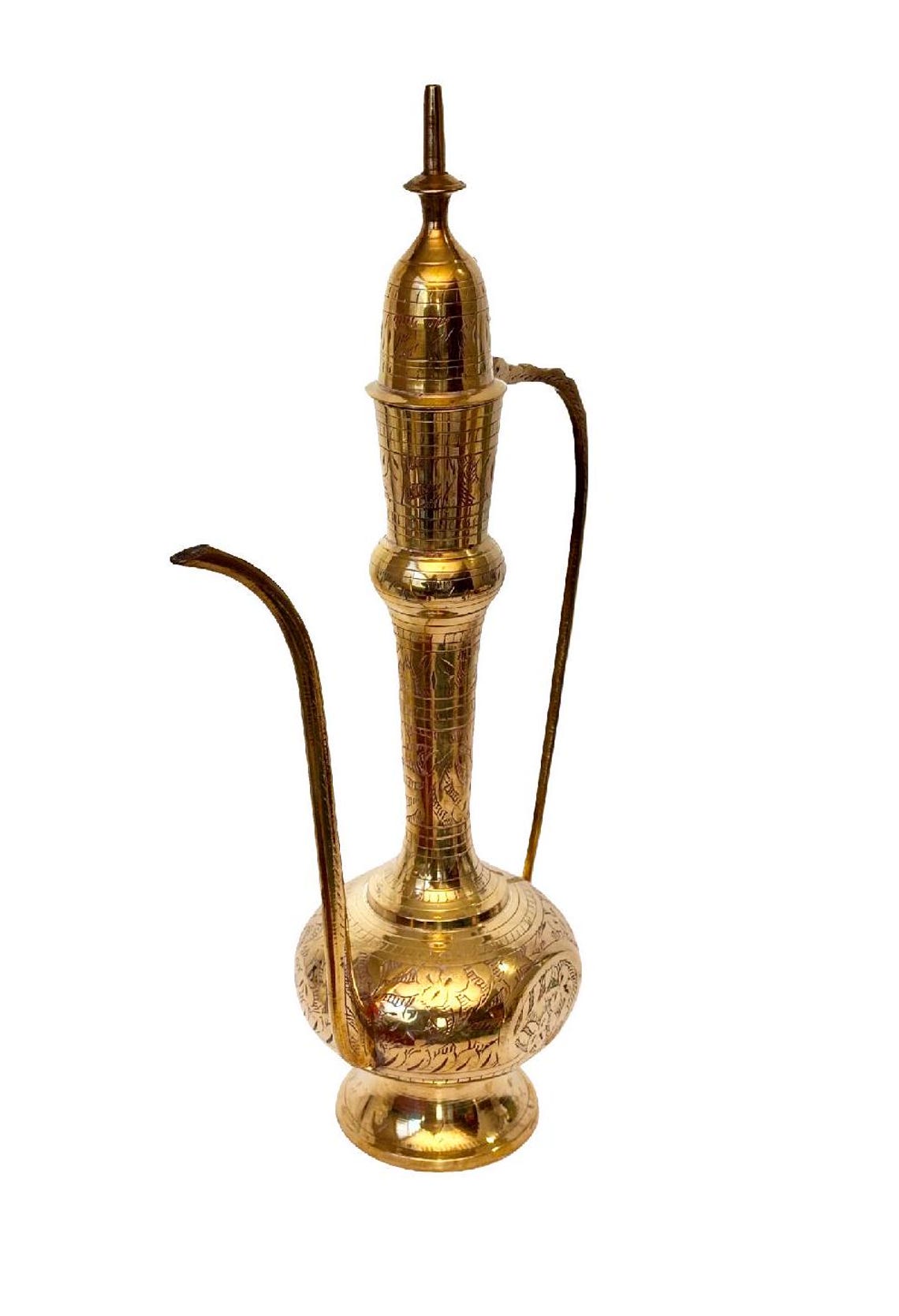 Vintage Etched Brass Arabic Wine Pitcher: Hand Crafted Surahi Aftaba ...