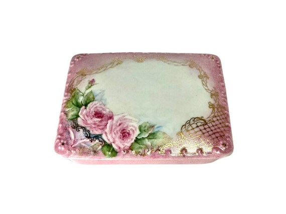 Vintage Hand Painted Pink Roses Porcelain Jewelry, Tr… - Gem