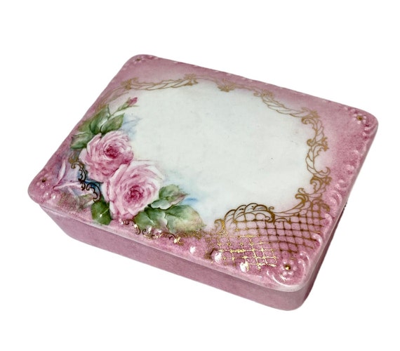 Vintage Hand Painted Pink Roses Porcelain Jewelry, Tr… - Gem