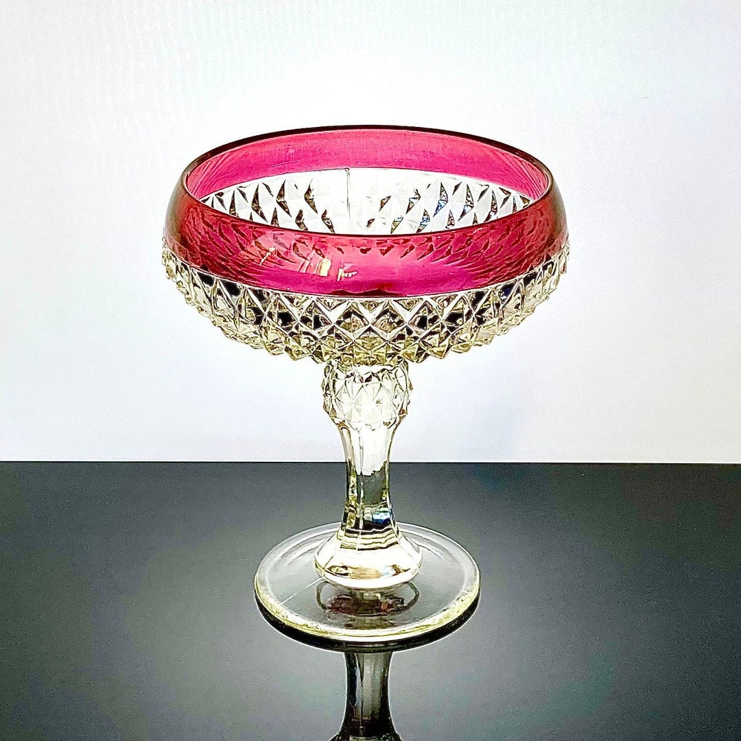 Iridescent Cranberry Pink Edge Diamond Point Indiana Glass, Candy Dish ...