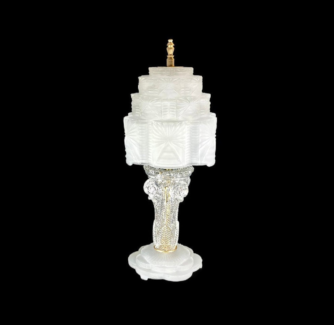 LALIQUE STYLE Art Deco Glass Lamp, Frosted and Clear With Glass Shade ...