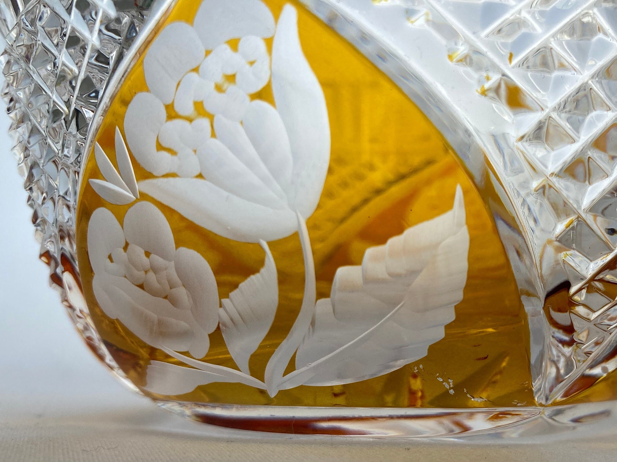 Vintage Bohemian Czech Crystal Bowl With Cut to Clear Amber Roses - Etsy