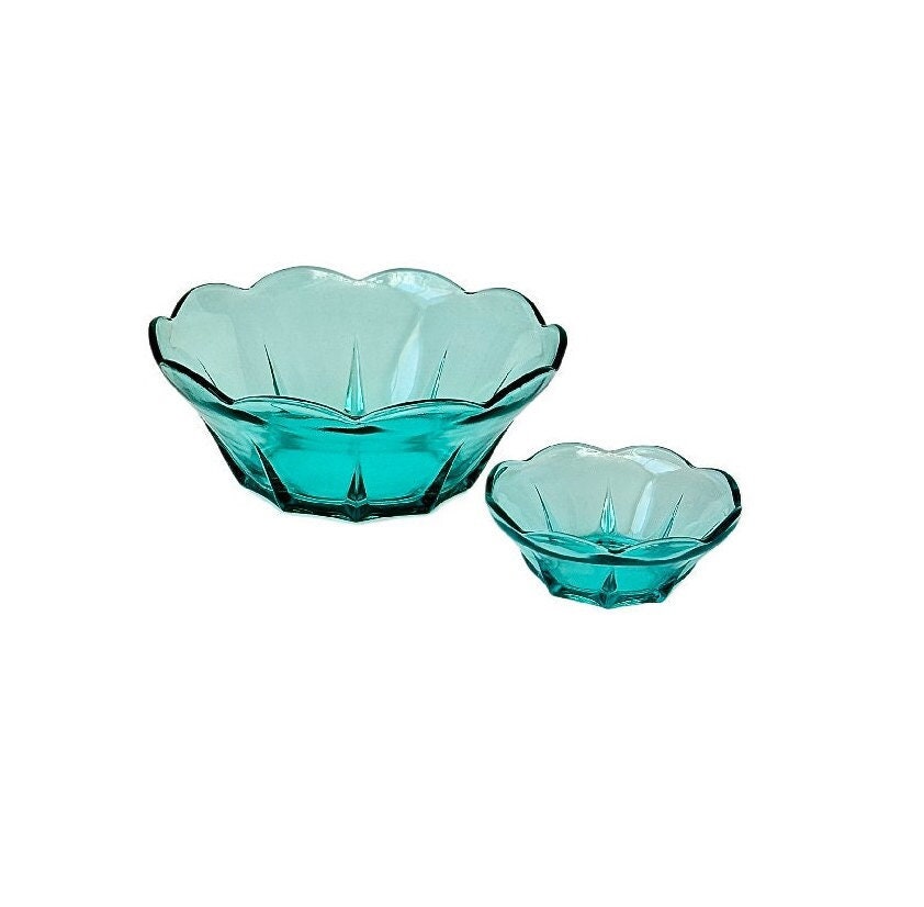 Vintage Mid-century Aqua Glass Bowl Set: Scalloped Edge Serving Bowls ...