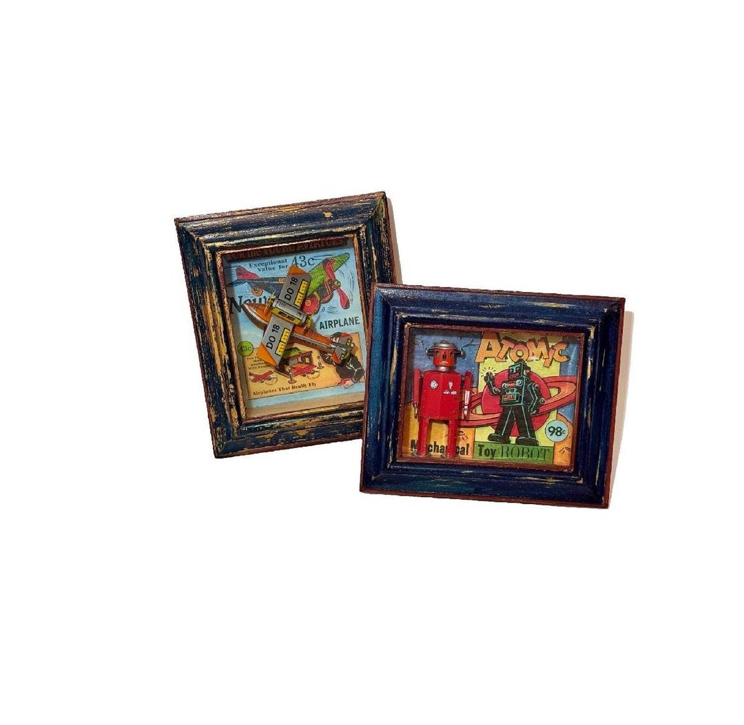 Vintage Pair Retro Robot & Airplane Shadow Boxes 7"x6"of Shadowbox ...