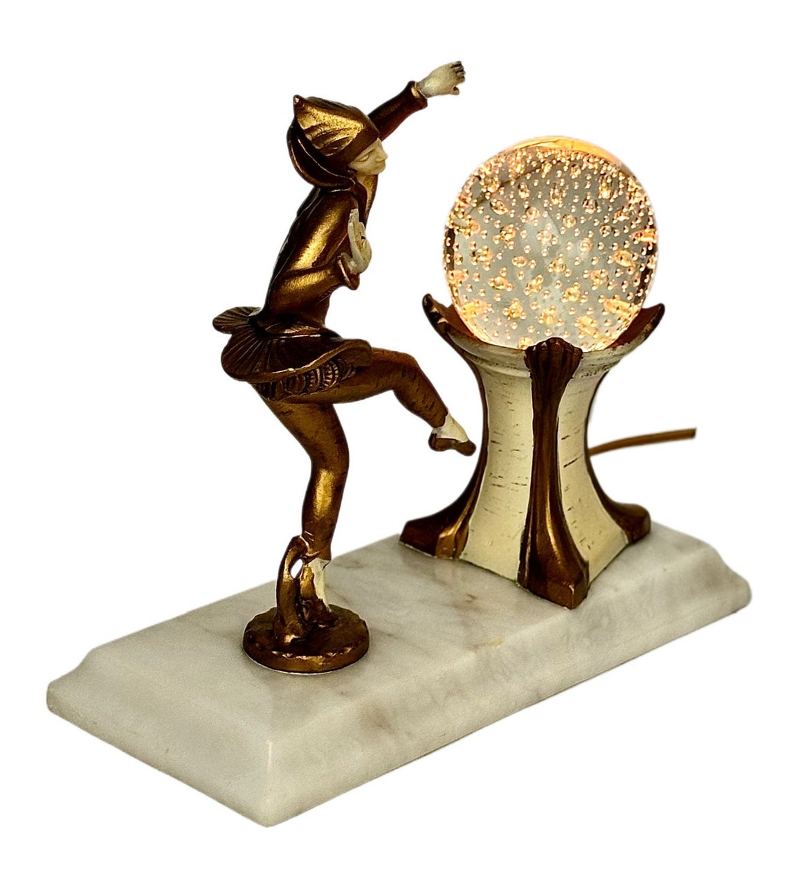 Antique J.B. Hirsch Gerdago, Art Deco Crystal Ball original Glass With Dancing Pixie, Harlequin ...