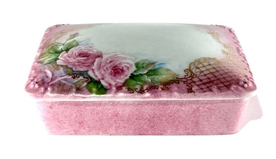 Vintage Hand Painted Pink Roses Porcelain Jewelry, Tr… - Gem