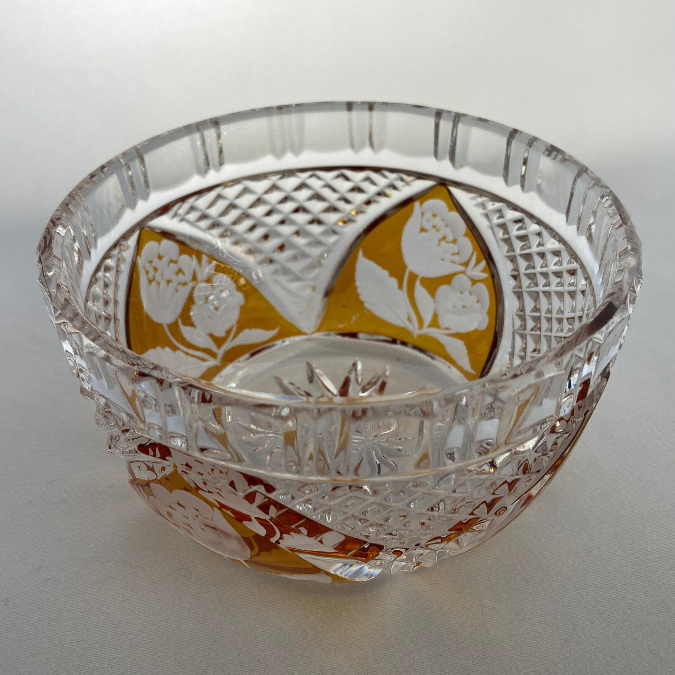 Vintage Bohemian Czech Crystal Bowl With Cut to Clear Amber Roses - Etsy