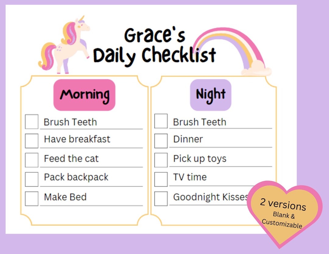 Unicorn Daily Checklist .instant Download . Blank and Customizable ...