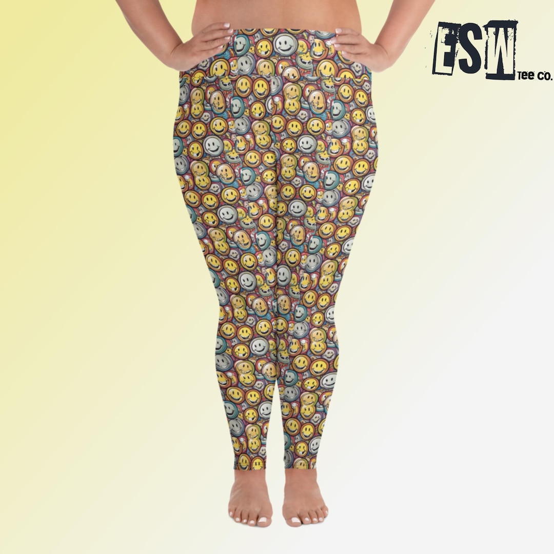 Smiley Faces Graphic Printed AOP Women's Plus Size Yoga Gym Leggings ...