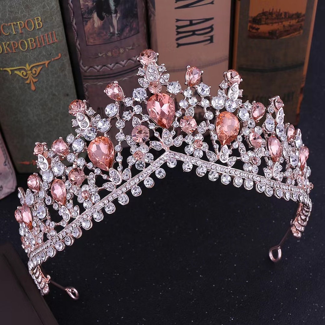 Peachy Rose-gold Princess Tiara Bridal Rhinestone Wedding Crown, Sweet ...