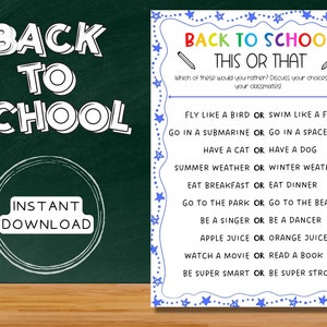 BACK 2 SCHOOL PRINTABLE Kids This or That, Classroom Game, Get to Know ...