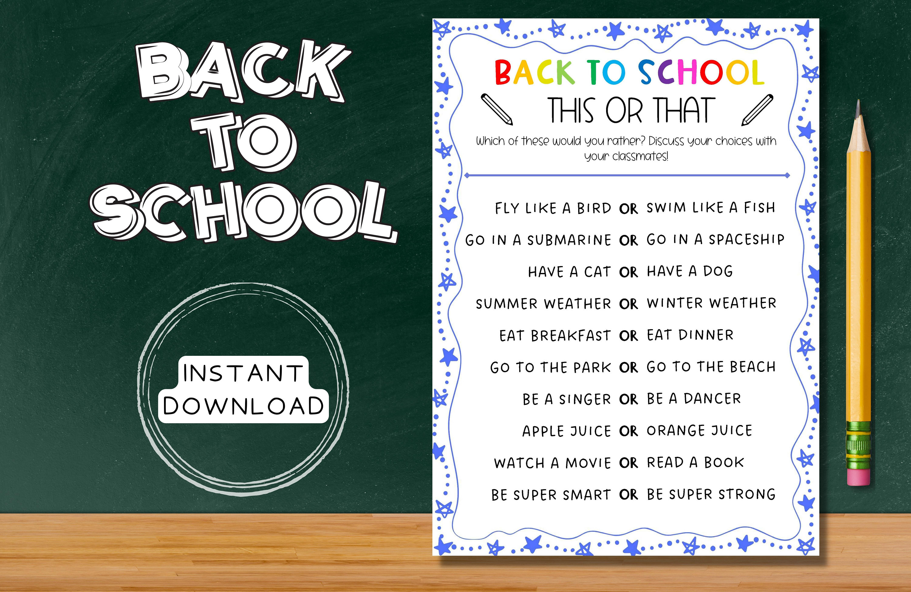 BACK 2 SCHOOL PRINTABLE Kids This or That, Classroom Game, Get to Know ...