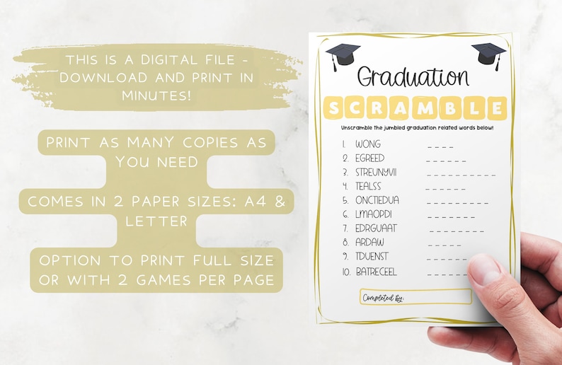 GRADUATION PARTY - Scramble, Printable Game, Gold, Minimalist ...