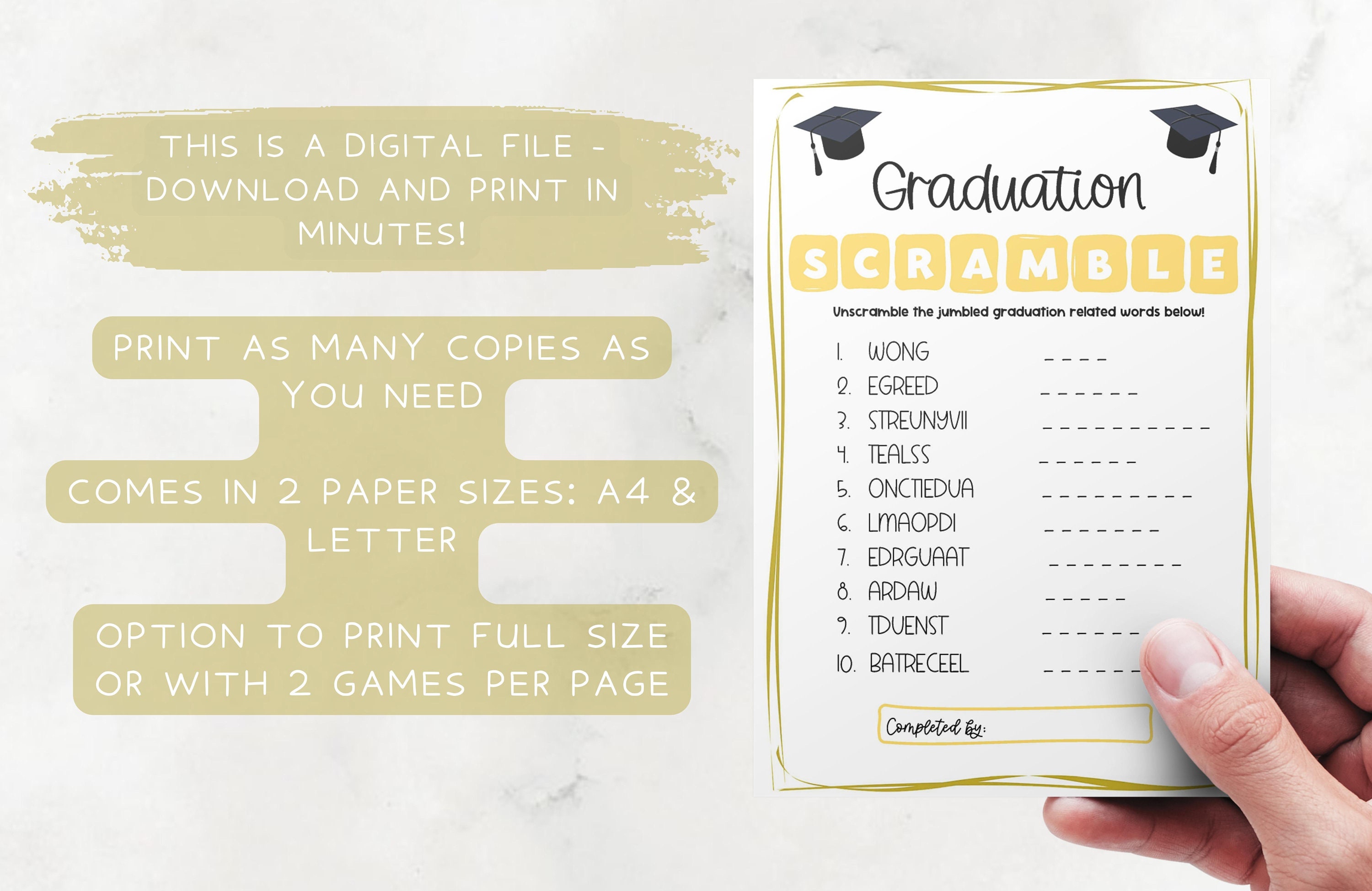 GRADUATION PARTY - Scramble, Printable Game, Gold, Minimalist ...