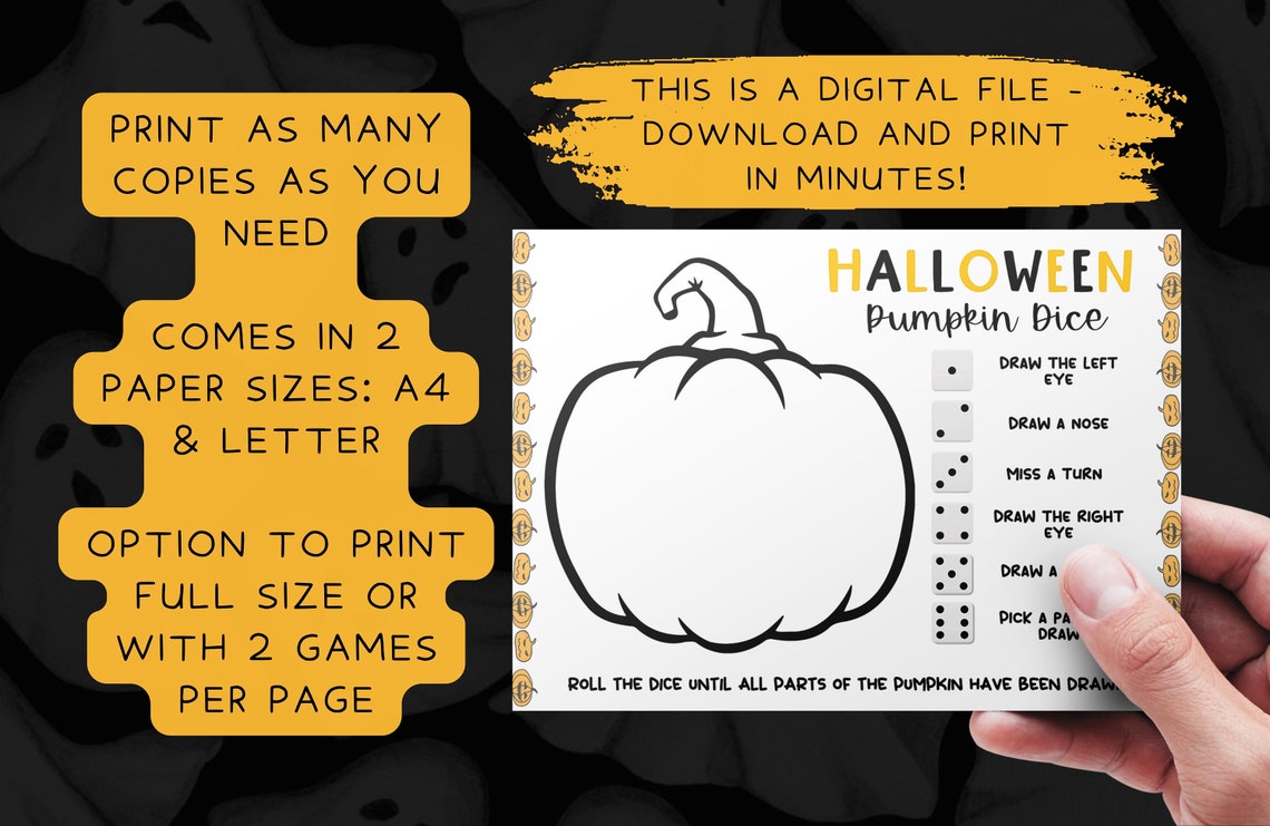 HALLOWEEN PRINTABLE GAME Draw the Pumpkin Game, Roll the Dice ...