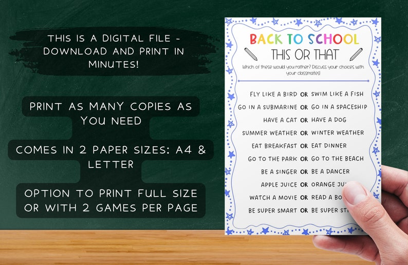 BACK 2 SCHOOL PRINTABLE - Kids This or That, Classroom Game, Get to ...