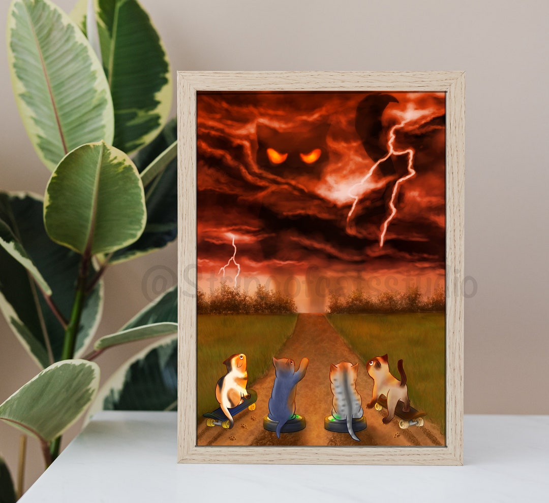 Four Cats Art Print, Cat Heroes Artwork, Spooky Cat Illustration ...