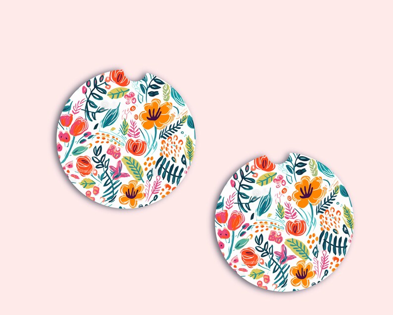Floral Flowers Cute Car Coasters, Set of 2, Cute Aesthetic Car Coasters ...