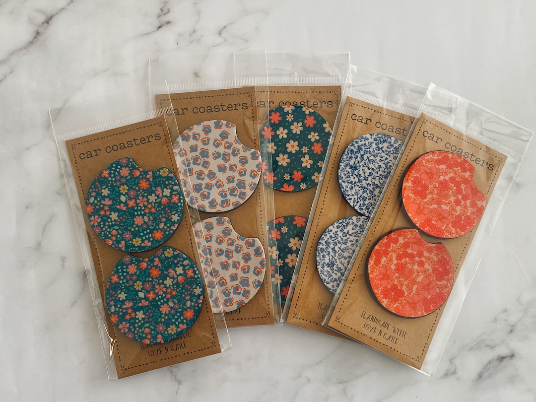 Floral Flowers Cute Car Coasters, Set of 2, Cute Aesthetic Car Coasters ...