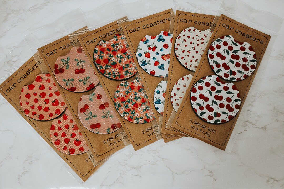 Fruit Car Coasters, Strawberries and Cherry, Set of 2, Cute Aesthetic ...