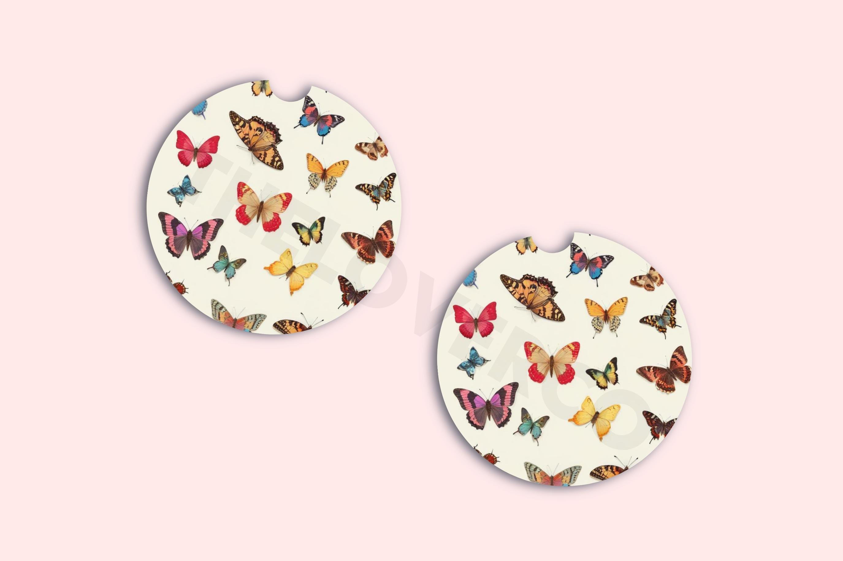 Retro Butterfly Floral Flowers Cute Car Coasters, Set of 2, Cute ...