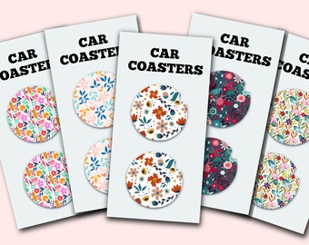 Floral Flowers Cute Car Coasters, Set of 2, Cute Aesthetic Car Coasters ...