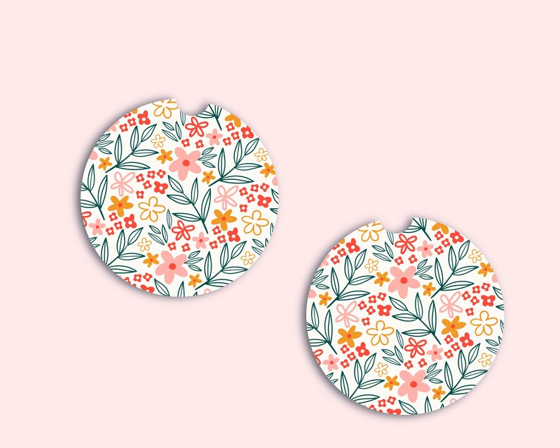 Floral Flowers Cute Car Coasters, Set of 2, Cute Aesthetic Car Coasters ...