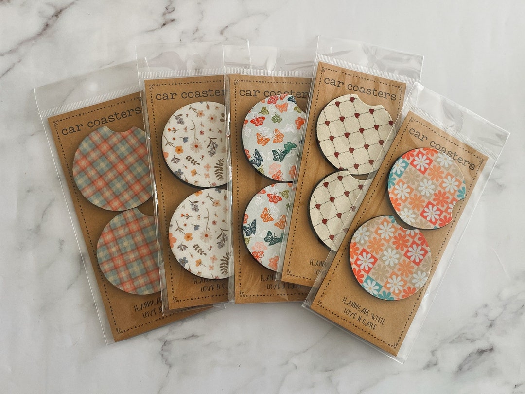 Floral Flowers Cute Car Coasters, Set of 2, Cute Aesthetic Car Coasters ...