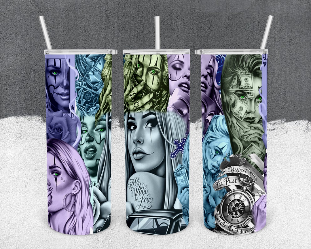 SEAMLESS Chicano Art Girl Tattoo Old School 20oz Skinny Tumbler ...