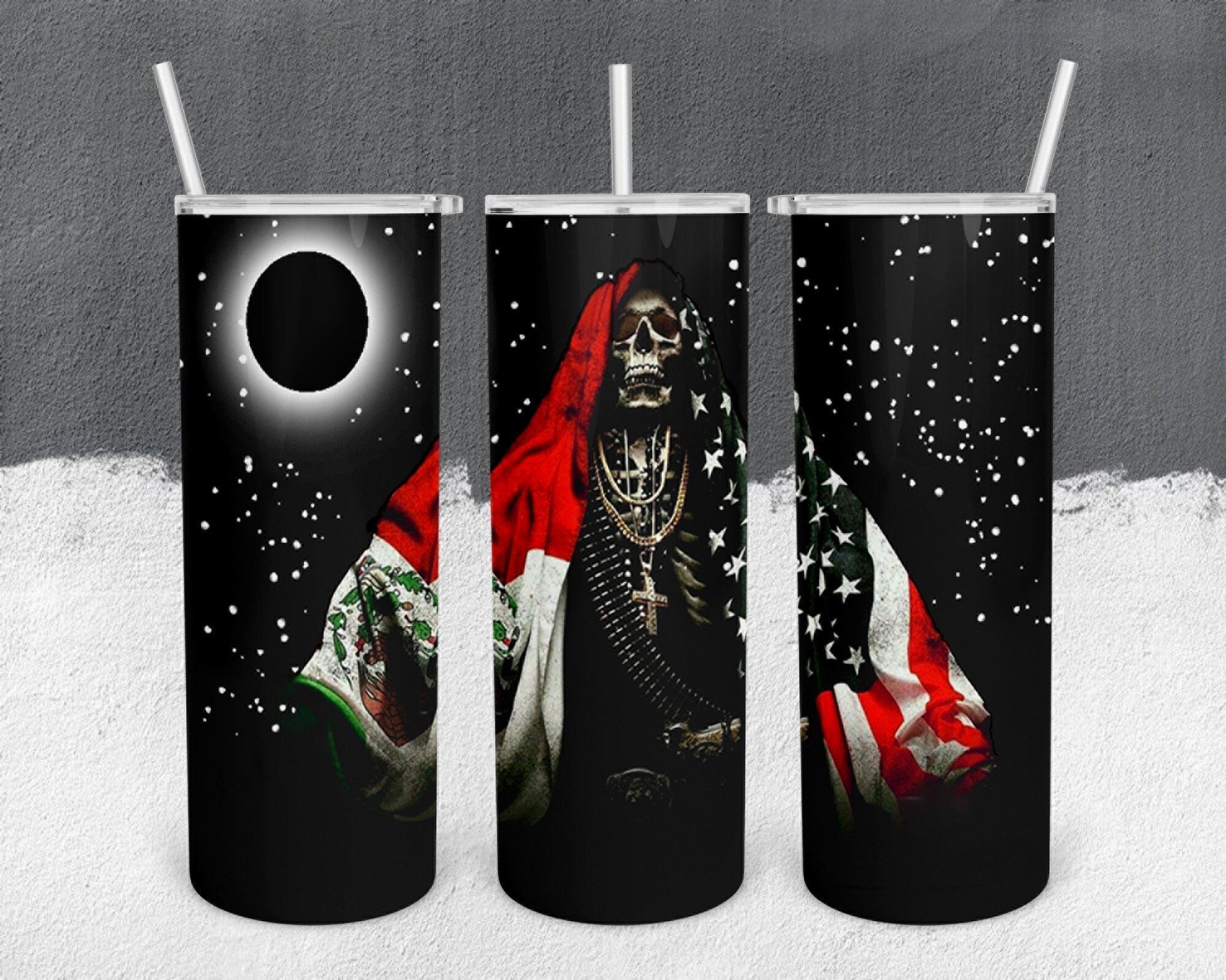 Chicano Art Mexican American Flag Skelton Skull 20oz Skinny Tumbler ...